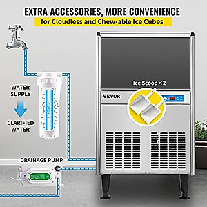 VEVOR 110V Commercial Ice Maker 170LBS/24H with 66LBS Bin, Heavy Duty Stainless Steel Construction, Auto Clean, Clear Cube, Air-Cooled, Include Water Filter and Drain Pump, Scoop and Connection Hose