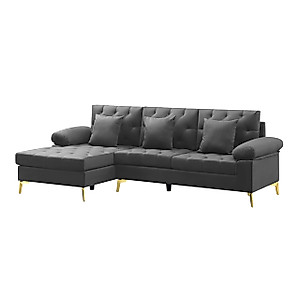 KoiHome Sectional Sofa 96.5" Left Hand Facing Velvet Button Tufted, 3-Seater Sleeper Couch with 3, Pillow top Arms, Modern L-Shape Chaise for Living, Bedroom,Waiting Room, Dark Grey
