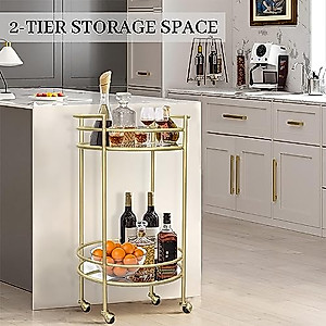 GIFTTROVE Gold Bar Cart for Home, 2 Tier Bar Serving Cart, Round Rolling Bar Cart with 2 Mirrored Shelves, Wine Cart Stand for Kitchen, Living Room