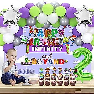 Crenics Two Infinity and Beyond Birthday Decorations - Two Infinity and Beyond Backdrop, Happy Birthday Banner, Balloon Garland Arch, 2 Number Balloon with Cake Toppers for 2nd Birthday Party Supplies