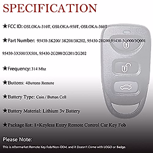 Key Fob Remote Replacement Fits for Hyundai Elantra 2006-2016/Sonata 2007-2015/Kia Optima 2006-2010 OSLOKA-950T/310T/360T Keyless Entry Remote Control 315MHz