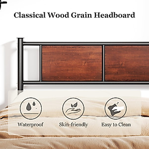 Sismplly King Size Bed Frame with Wooden Headboard, Heavy Duty Platform Bed with 12 inches Under Bed Storage, Black Metal Support System, No Box Spring Needed, Mahogany