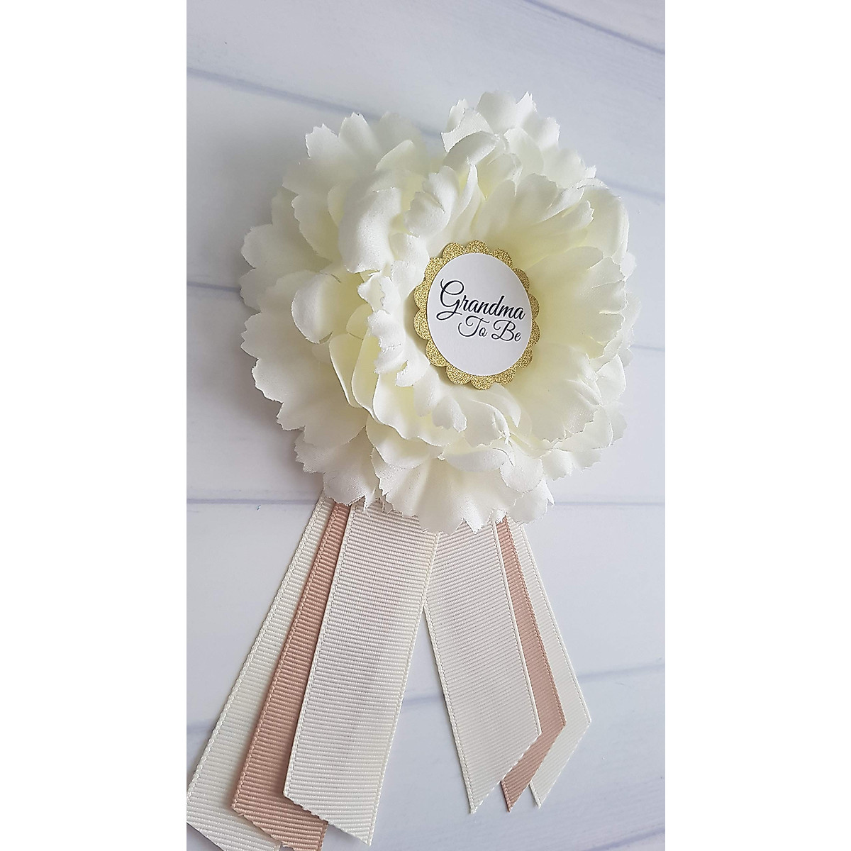 Mom To Be Sash and Dad To Be Pin By LMC | Baby Shower Belly Sash and Corsage | USA Handmade | Heat Sealed Ends | Ivory and Beige (Grandma to be pin)