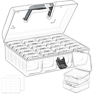 Mauproy Small Bead Organizers with Handle, 24 Pcs Plastic Storage Cases, Mini Clear Craft Containers with Hinged Lid and Label Small Parts Storage Boxes for DIY Art Craft Accessories