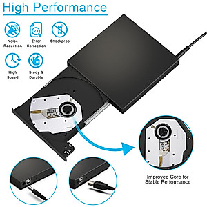 Blingco External CD DVD Drive, USB 2.0 Slim Protable External CD-RW Drive DVD-RW Burner Writer Player for Laptop Notebook PC Desktop Computer, Black