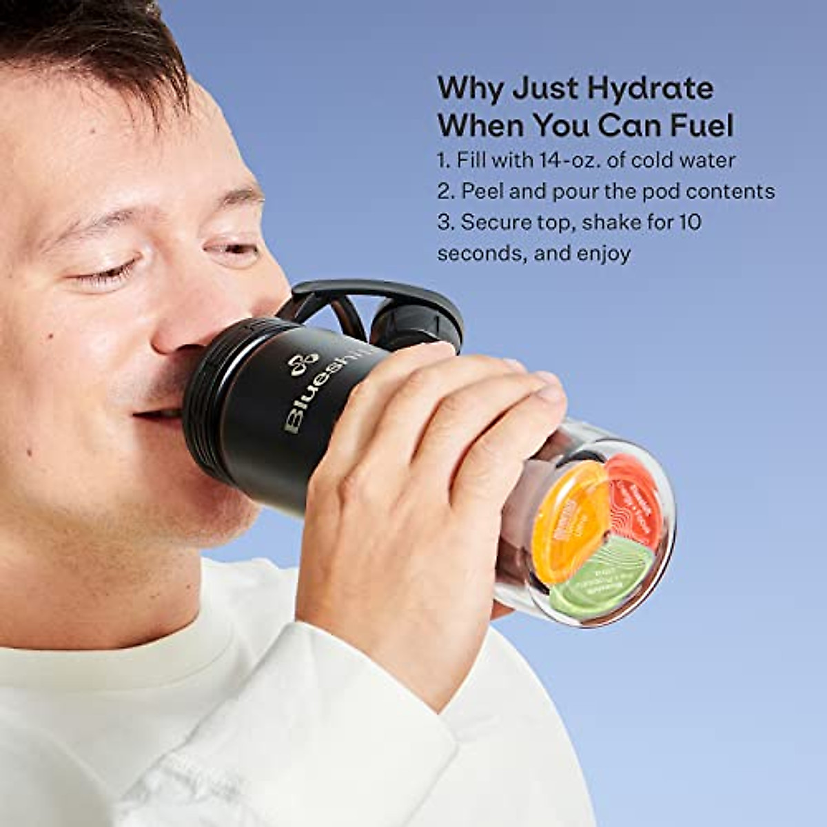 Blueshift Sidekick Stainless Steel Water Bottle, 18 Fl Oz Shaker Bottle With Blend Ball and Protein Storage Compartment, Includes 6 Superblend Supplements Inside Bottle (Sky)