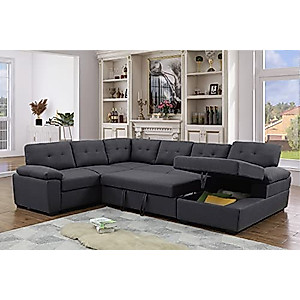 Alexent 5-Seat Modern Fabric Sleeper Sectional Sofa Bed with Pull-Out Bed with Storage Chaise Lounge in Dark Gray Color for Space Saving on Apartment, Living Room, Home Office, Guest Room