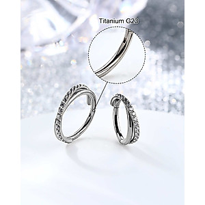 Melighting G23 Titanium Nose Rings Hoop 16G Conch Piercing Jewelry Clear CZ Double Titanium Helix Earrings Septum Rings Tragus Daith Piercing Jewelry for Women