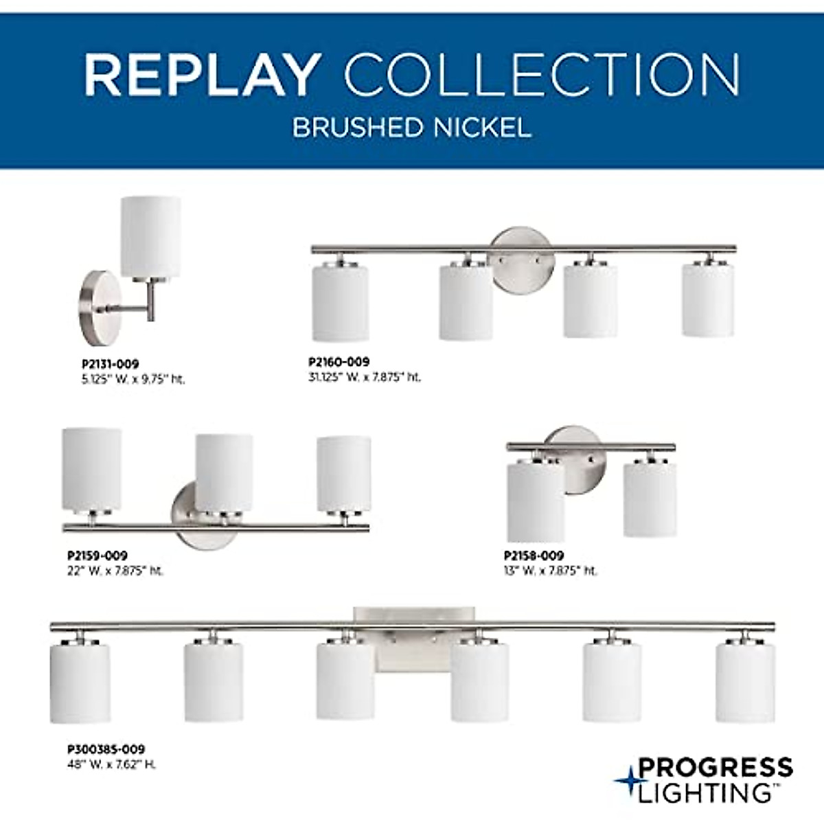 Replay Collection 2-Light Etched White Glass Modern Bath Vanity Light Brushed Nickel