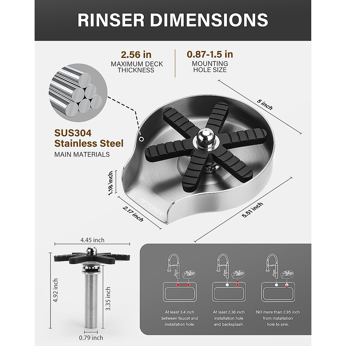 PIPPONER Stainless Steel Glass Rinser for Kitchen Sink,Upgraded 360°Rotating Jet Cup Washer for Sink,Cup Cleaner for Bar Sink Attachment(Brushed Nickel)