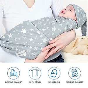 Newborn Swaddle and Hat Set 6 Pack 100% Cotton Knitted Baby Receiving Blankets 35" x 35" Soft Unisex Swaddle Wrap for Girls and Boys (Whale+Elk+Green Stripes)