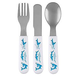 Brinware Toddler Utensils Kids Silverware Set - Fork Spoon and Knife Cutlery Set (6 Pack) Stainless Steel Flatware - Self Feed Baby Utensils - Dino/Shark