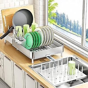 Dish Drying Rack - Expandable Dish Racks - Large Stainless Steel Dish Drainer for Kitchen Counter with Utensil Holder and Cup Holder, White