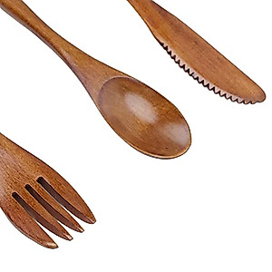 3 Pcs Wooden Knife Fork Spoon Set Heat Resistant Reusable Straight Handle Stylish Wooden Dinner Utensil Kit Durable Kitchen Utensil for Home Use