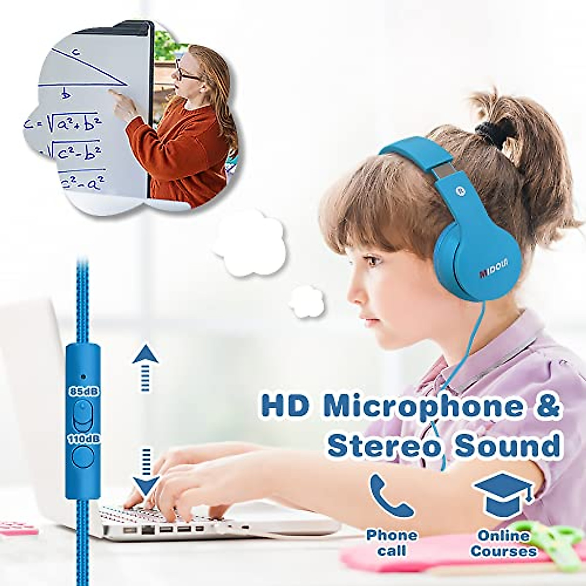 MIDOLA Kids Headphones Wired Over Ear Foldable Volume Limit 85dB /110dB Light Foldable Headset with Inline AUX 3.5mm Mic for Child Boy Girl Travel School Gaming Pad PC Laptop Tablet Blue