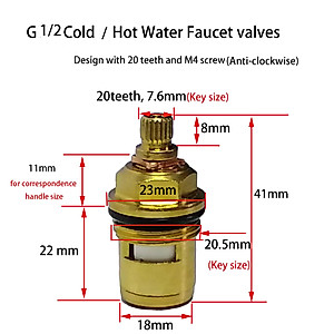 Faucet Cartridge, Brass Ceramic Faucet Stem Disc Cartridge Replacement Quarter Turn G1/2" 41MM Faucet Valves for Bathroom Kitchen Tap (Anti-clockwise)