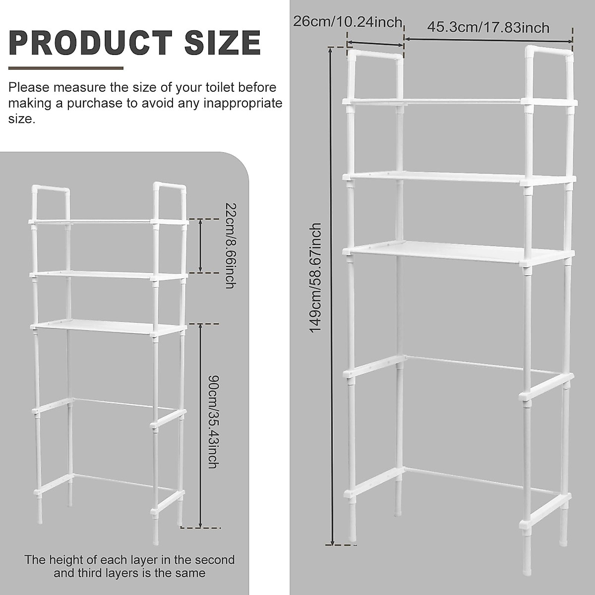 3 Tier Over The Toilet Storage Shelf, Over The Toilet Storage Cabinet, Over The Toilet Storage Rack, Above Toilet Storage Cabinet, Freestanding Above Toilet Shelf, Space Saving (White)