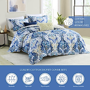 Uniclinens Damask Duvet Cover Queen - Blue Painting Duvet Cover Set, 100% Cotton Queen Size Set with Zipper Closure and 8 Ties, 1 Duvet Cover (90”x 90”) & 2 Pillow Shams (20“x 26”), No Comforter
