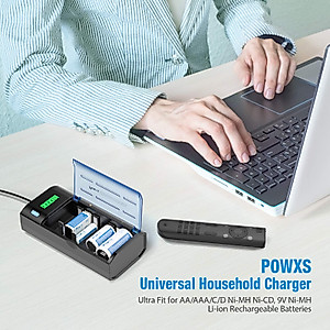 POWXS Smart AA AAA C D 9V Battery Charger, 1000mA Fast Charge, USB or Type-C Input, Independent Charge with Discharge Function(Includes a Free Charger Cable)