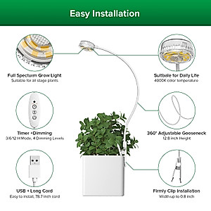 SANSI Grow Lights for Indoor Plants, Pot Clip LED Plant Lights for Indoor Growing, Full Spectrum, with 4-Level Dimmable, Auto On Off 3 6 12 Hrs Timer for Small Plants, Gardening Gifts White 5V 2-Pack