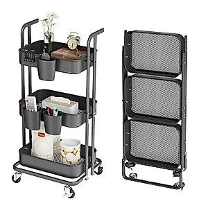 DTK 3 Tier Foldable Rolling Cart, Metal Utility Cart with Lockable Wheels, Folding Storage Trolley, 3 Small Baskets and 6 Hooks for Living Room, Kitchen, Bathroom, Bedroom and Office, Black