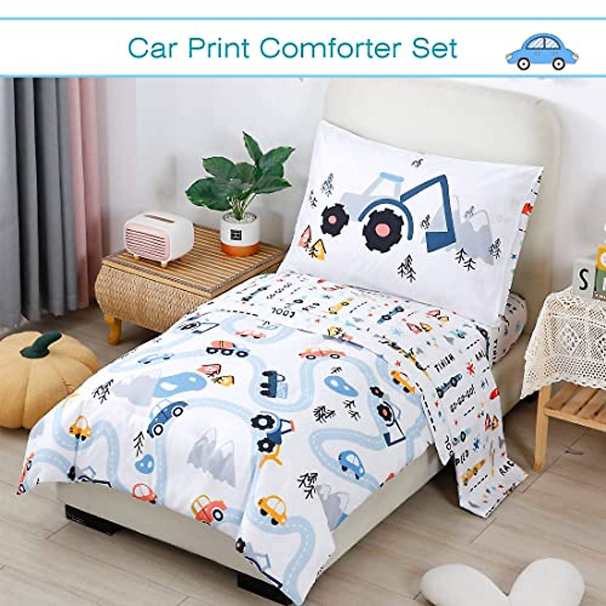 PERFEMET Toddler Bedding Kids 4 Pieces Bed in A Bag for Boys Cars Printed Microfiber Toddler Comforter Sets with Standard Pillow Case Modern Bedroom Collection, White