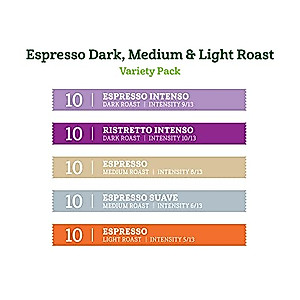 Amazon Fresh Espresso Dark, Medium & Light Roast Aluminum Capsules, Variety Pack, Compatible with Nespresso Original Brewers, 50 Count (5 Packs of 10)