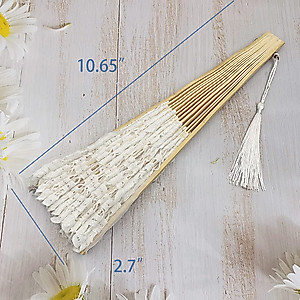 Propupy Folding Hand Fan Womens Lace Fan Elegant Cotton Fan Handmade Vintage Retro Fan with Bamboo Staves and Silk Tassels for Wedding Bridal Shower Dancing Party (White)