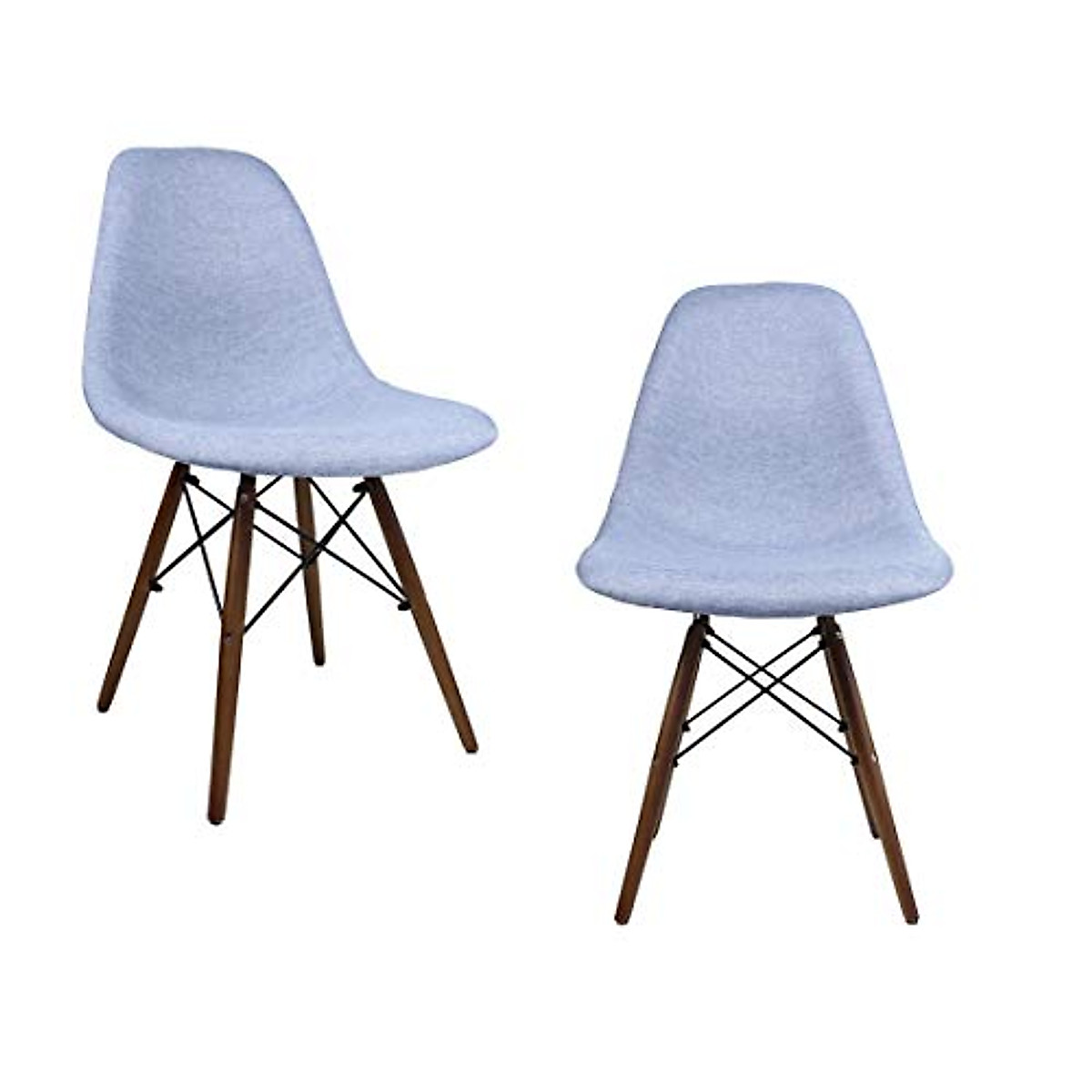 CozyBlock Mid-Century Modern Woven Fabric Upholstered Accent Side Dining Chair with Dark Walnut Wood Eiffel Legs Set of 2 (Denim Blue)