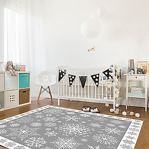Grey Snowflake Christmas Area Rug for Living Room, Rectangular Indoor Carpet - 2' x 3', Xmas Winter Snowflake Gray Non-Skid Bathroom Mat Kitchen Runner Rugs for Bedroom