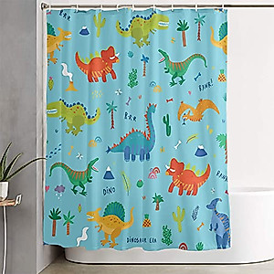 LOKMU 4 Pcs Shower Curtain Sets with Non-Slip Rugs, Toilet Lid Cover and Bath Mat,Cute Cartoon Dinosaurs On Blue Waterproof Shower Curtain with 12 Hooks, Bathroom Decor Sets, 72"x 72"