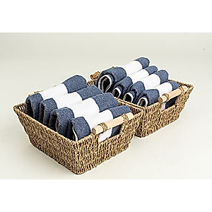 Handmade Woven Wicker Storage Baskets, 2-Pack, Seagrass Shelf Baskets for Organizing & Sorting, Toilet Paper Towel Holder Basket with Wooden Handles, Iron frame, 11.8" x 10.2" x 4.8"
