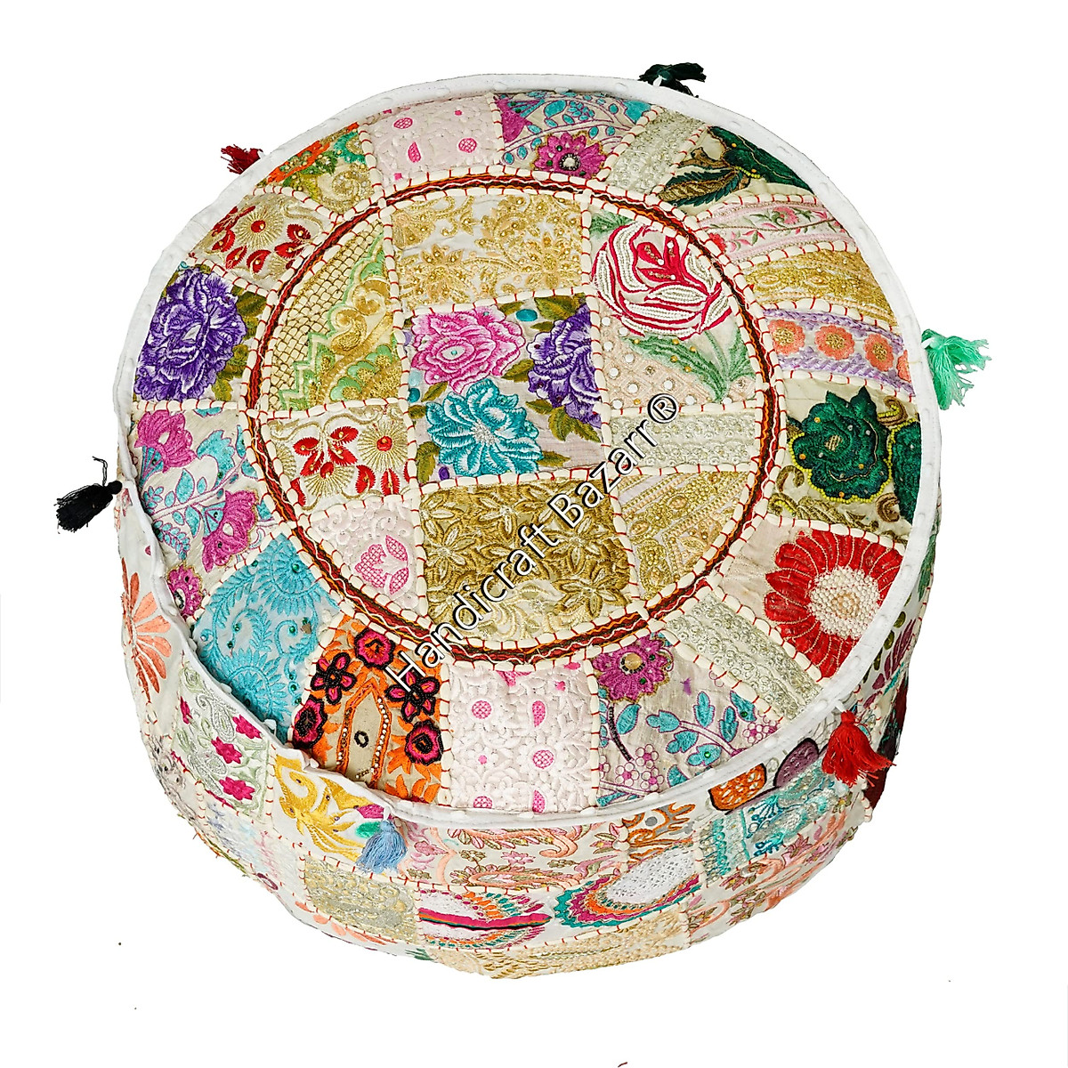 Handicraft Bazarr Handmade Pouf for Home Decor Traditional Patchwork Ottoman Ethnic Cotton Bean Bag Cover Embroidery Sitting Footrest Stool (18x18x13 Inch)