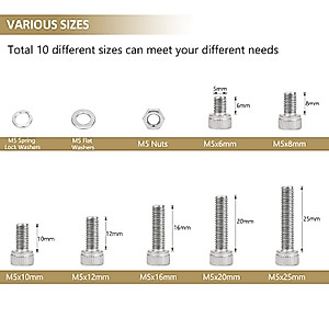 Kindroufly 242 Pieces M5 x 6/8 /10/12 /16/20 /25mm Hex Socket Head Cap Screws Nuts Washers Assortment Kit, 304 Stainless Steel, Fully Machine Thread
