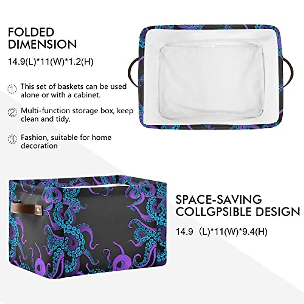 KEEPREAL Large Storage Basket Bin Cartoon Octopus Storage Cube Box Foldable Canvas Fabric Collapsible Organizer with Handles for Home Office Closet, 2PCS