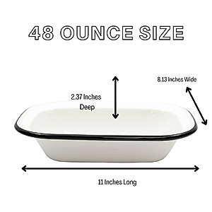 Tablecraft Enamelware Collection Black Rim Solid White Enamel Rectangular Serving Bake Pan, Camping, Farmhouse, Home & Restaurant Use Porcelain over Steel, Classic, Vintage, Style 11x8x2.3