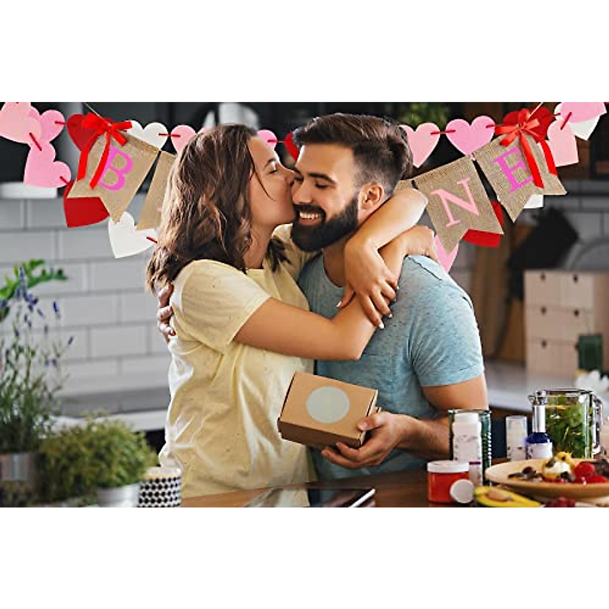 Valentines Day Burlap Banner, Valentines Decor for Home, Be Mine Hanging Banner & 28 Pcs Felt Heart Garland Banner Decor for Mantle Fireplace Wall, Decorations Pre-Assembled - No DIY Required