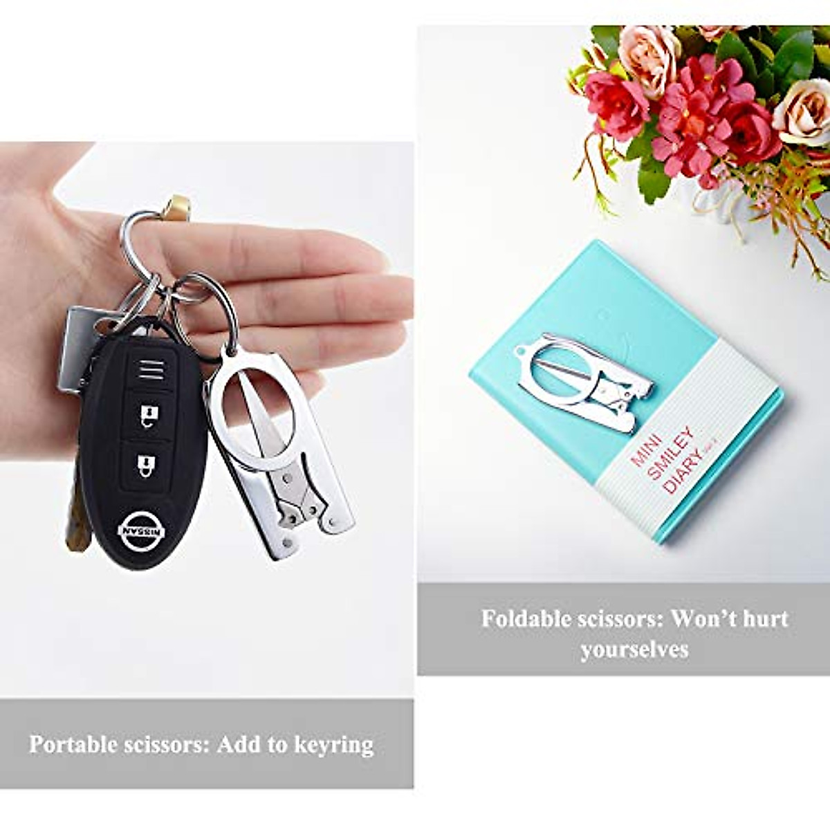 QUMENEY 4PCS Folding Scissors Portable Stainless Steel Scissors, Mini Foldable Travel Pocket Cutter, Small Compact Paper String Craft Scissors Cutter for Crafting, Camping, Emergency, Survival