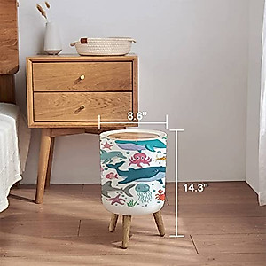 Trash Can with Lid Marine Life sea Animals and Fish Various Poses and situations Drawing Press Cover Small Garbage Bin Round with Wooden Legs Waste Basket for Bathroom Kitchen Bedroom 7L/1.8 Gallon
