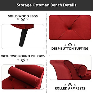 RXRRXY Velvet Storage Bench for Bedroom,Eed of Bed Bench with Ottoman, Button Tufted King Size Upholstered Benches with Armrest and 4 Sturdy Wooden Legs for Entryway, Living Room (Red)