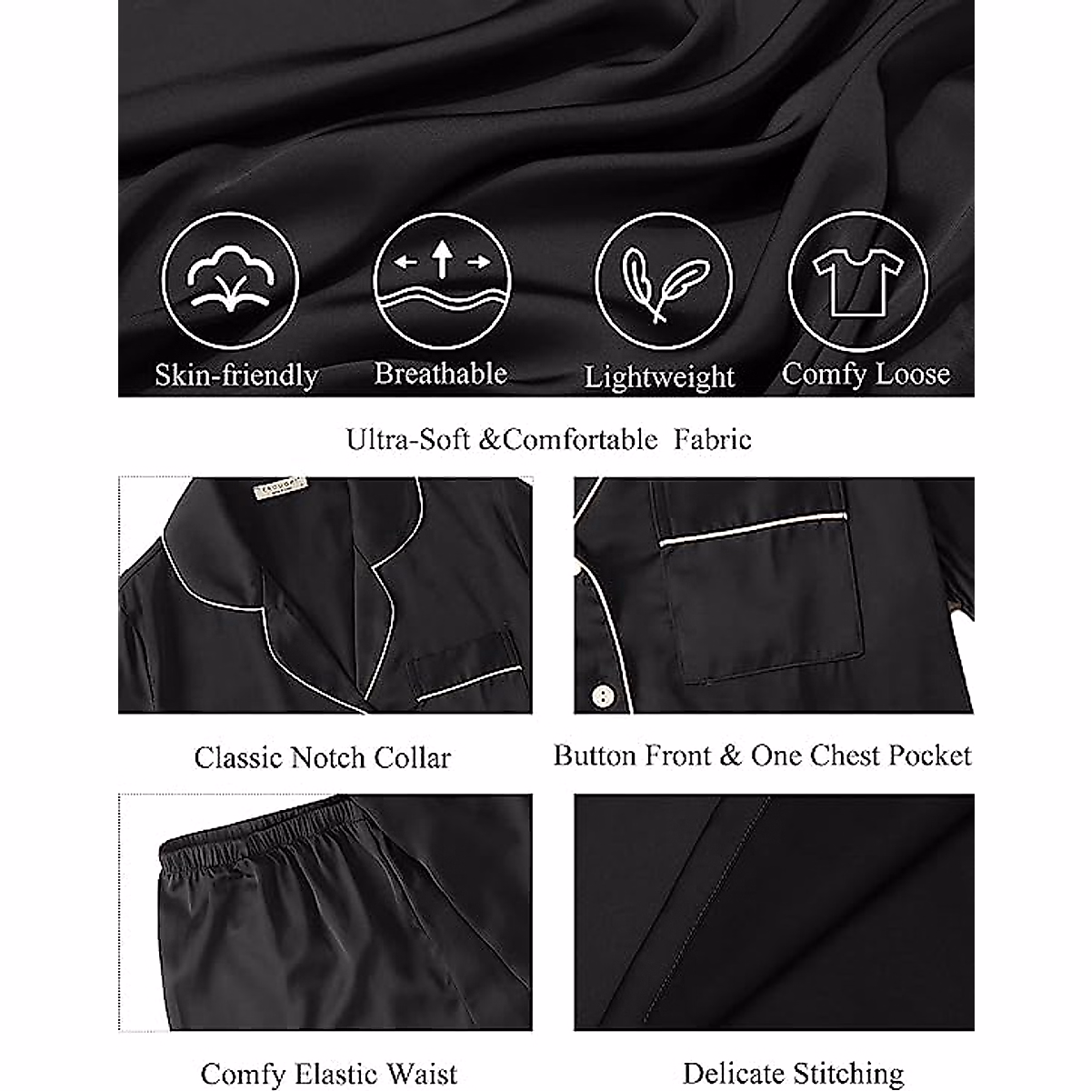 DXFZPGS Silk Satin Pajamas for Womens Pajama Sets Short Sleeve Soft Satin Button Down Loungewear 2 Piece Pjs Shorts Set A-black