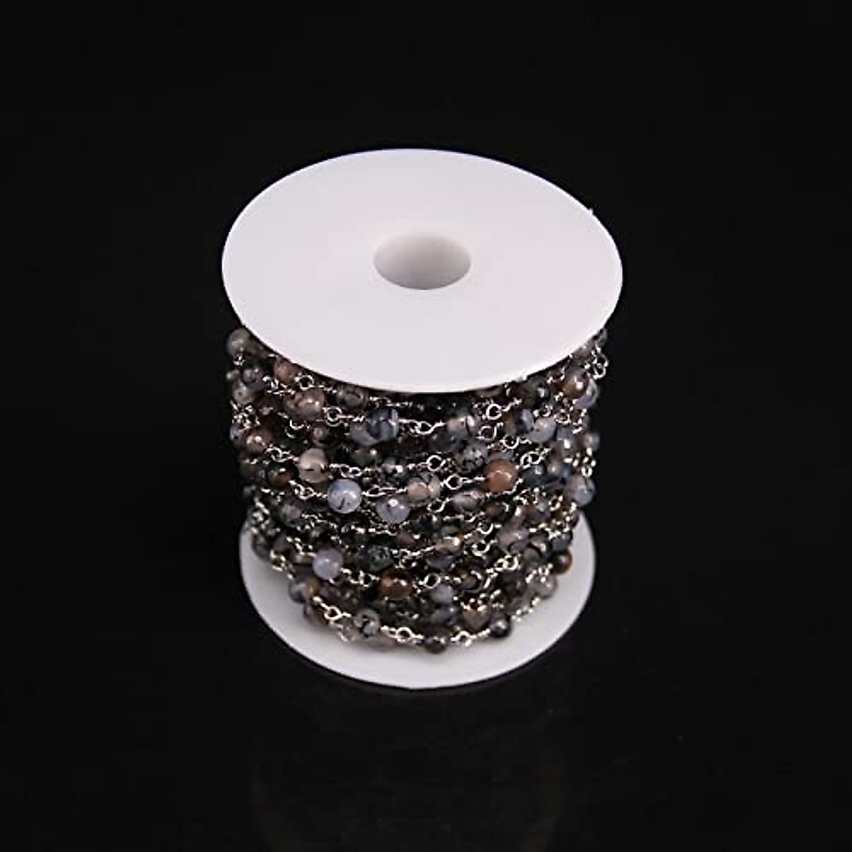 6mm Natural Vein Agates Faceted Round Bead Chain,Black Grey Onyx Gems Link Silver Wire Wrapped Rosary Chains Necklace Carfts