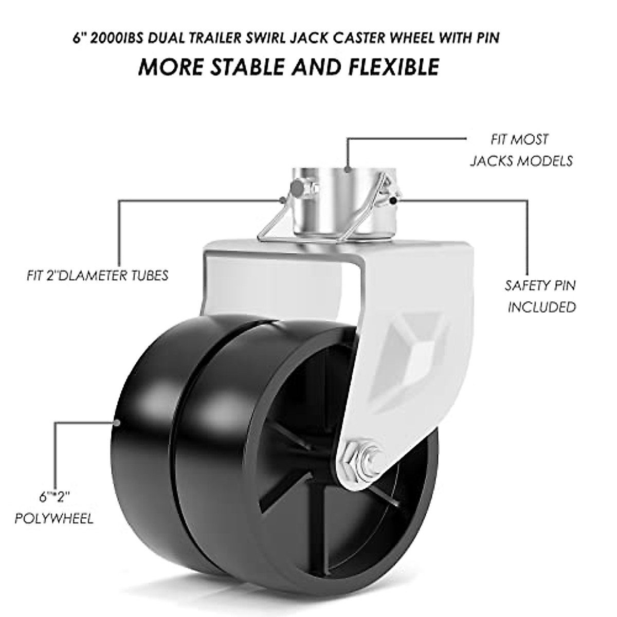 Trailer Jack Wheel Replacement 2000 lbs, 6" Trailer Jack Foot Wheel, Dual Wheel Swivel Trailer Tongue Jack Wheel for Trailer Jack with Pin for Boat Trailer Camper Rv