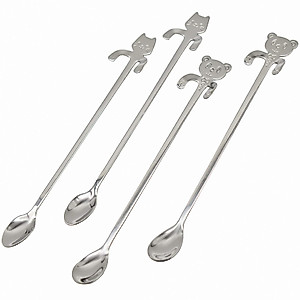 Maydahui 4PCS Cat Spoon Bear Coffee Tea Spoon Long Handle 7.8 inch 18/10（304）Stainless Steel Hanging Coffe Mixing Cocktail Stirring Animal Spoons Scoops for Mug