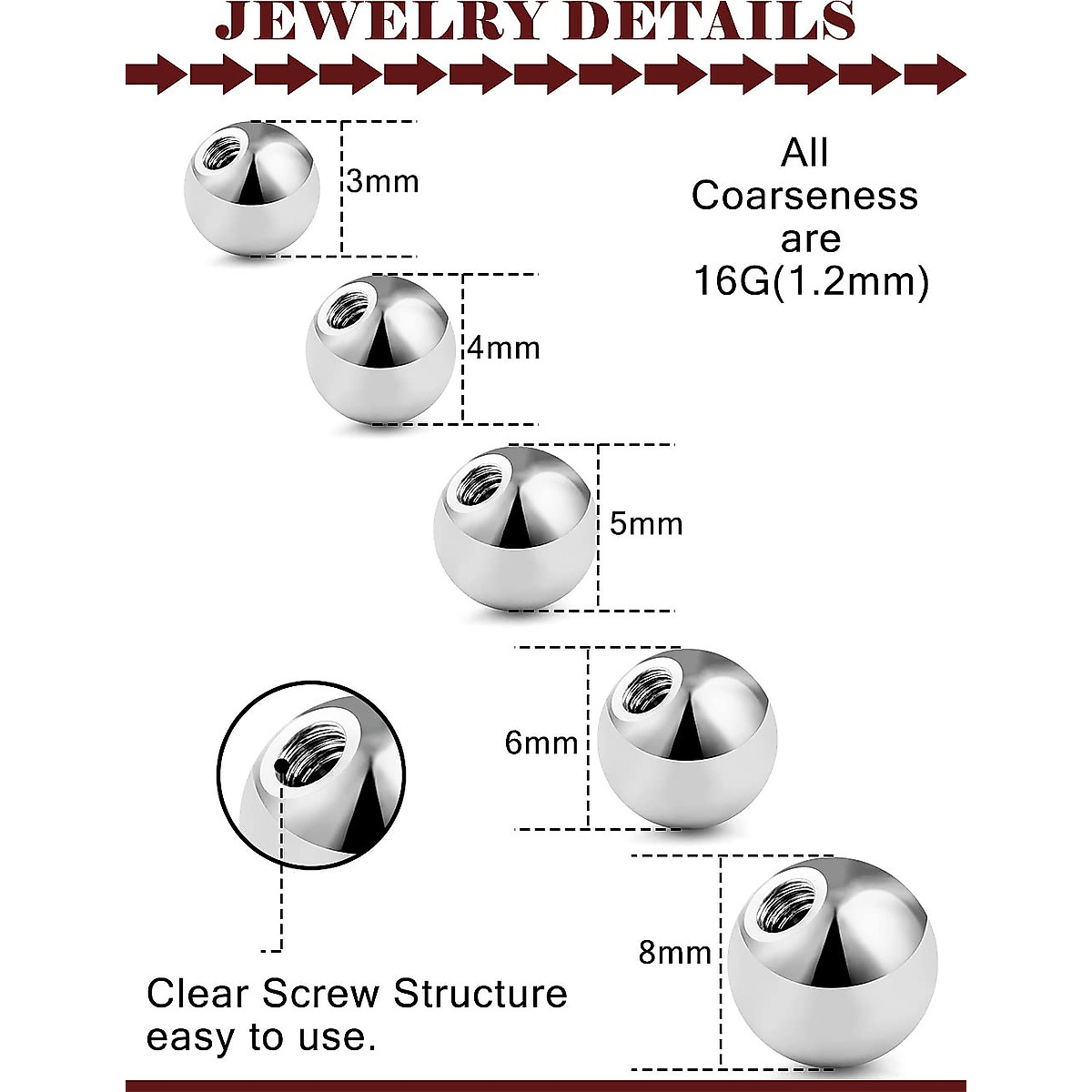 Prjndjw 25Pcs 16G Replacement Balls Externally Threaded Surgical Steel Piercing Balls Industrial Barbell Septum Eyebrow earring Lip Tongue Nipple Belly Button Piercing Rings Parts 3MM 4MM 5MM 6MM 8MM