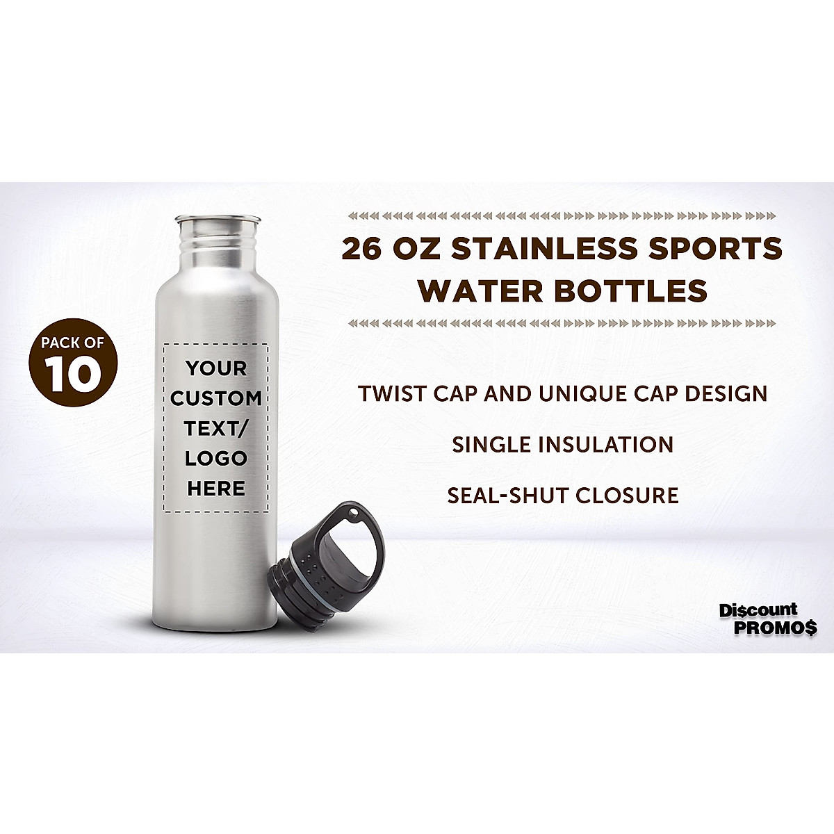 DISCOUNT PROMOS Custom Stainless Steel Water Bottles 26 oz. Set of 10, Personalized Bulk Pack - Reusable, Leak Proof, Perfect for Gym, Hiking, Camping, Outdoor Sports - Silver