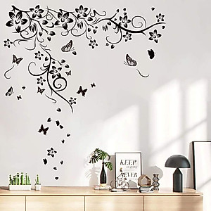 Runtoo Black Flowers Vine Wall Decal Floral Butterfly Wall Stickers Living Room Bedroom Wall Decor