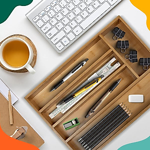 ECO SOUL Organic Bamboo Wooden Kitchen Drawer Organizer | Sturdy, Large 11' x 16' | Organizer Tray for Silverware, Cutlery, Flatware, Utensil Holder | Grooved Drawer Dividers, 6 slots