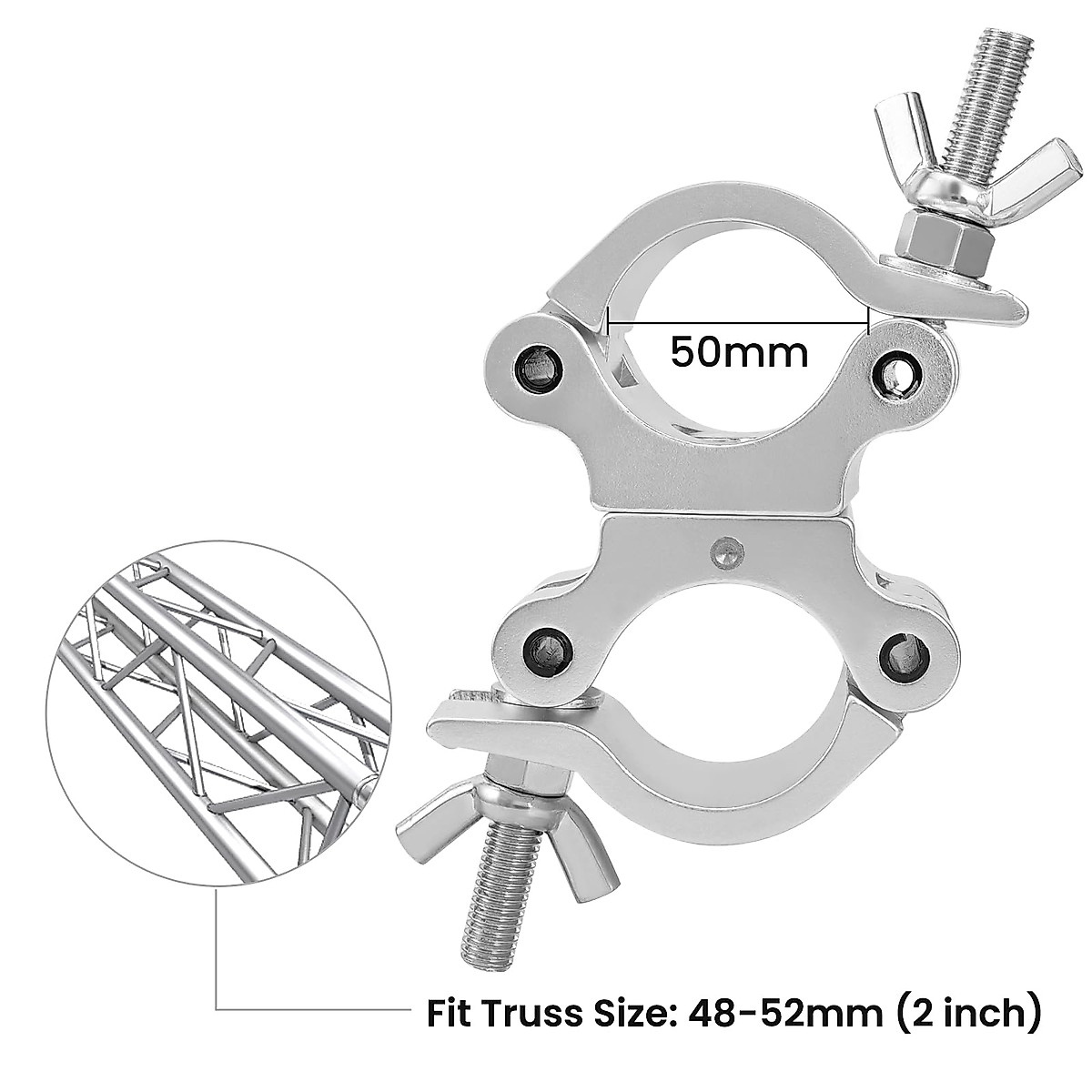 2 Inch Pro-Swivel Truss Clamp TUV, 2 Pack Eyeshot Heavy Duty 1100lb Swivel Coupler Truss Clamps, Dual Head Turn As Needed Two 360 Degree Lighting Clamps, Fit Pipe/Truss OD 48-52mm
