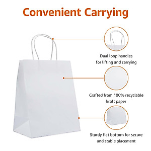 Amazon Basics Kraft Paper Bags with Handles 8x4.75x10 White, 25pack